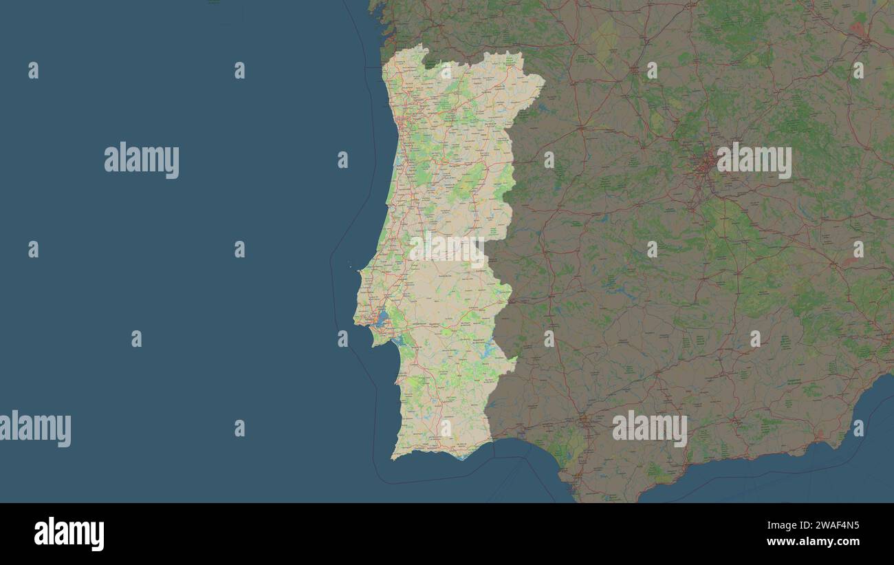 Portugal highlighted on a topographic, OSM standard style map Stock ...