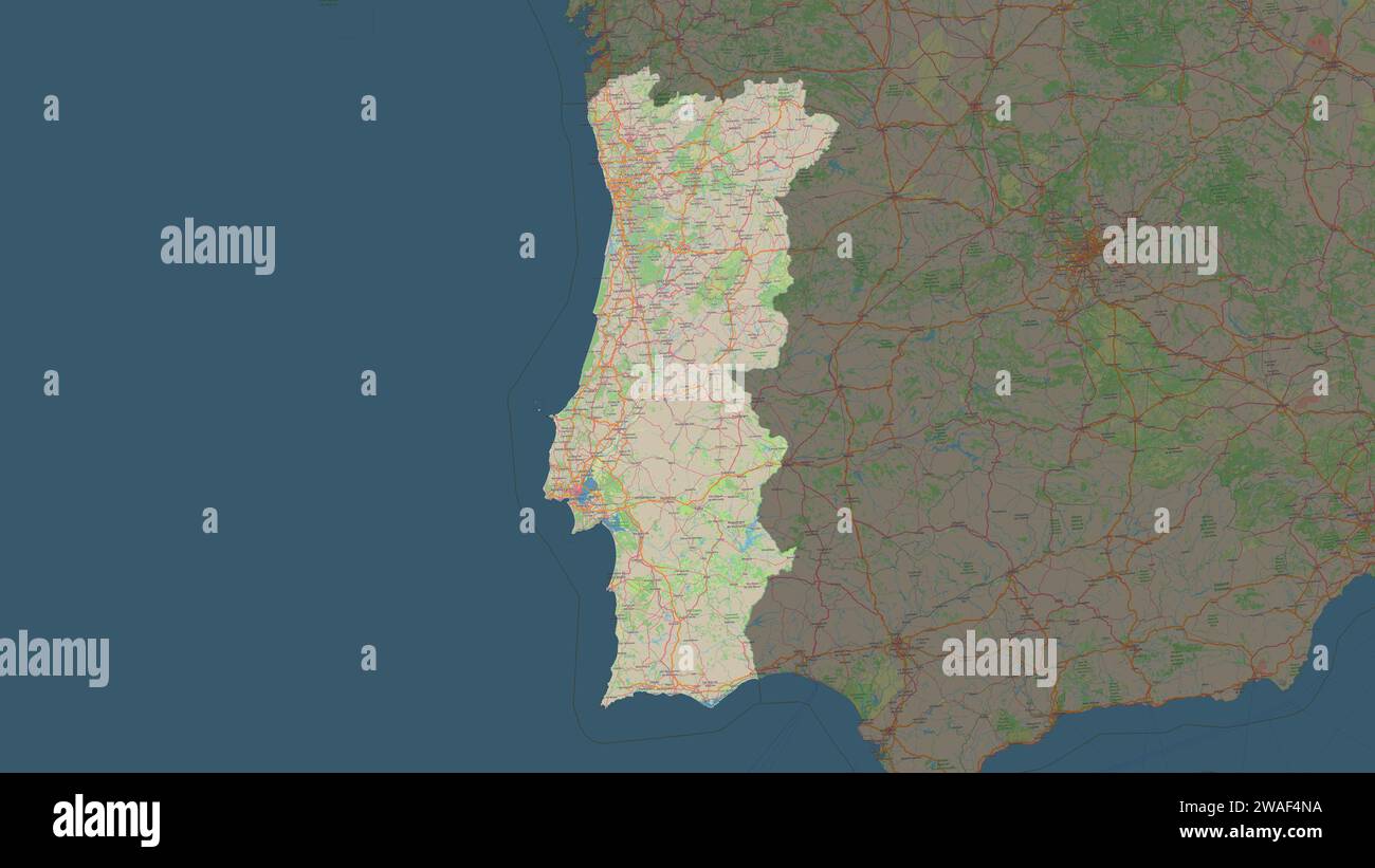 Portugal highlighted on a topographic, OSM Germany style map Stock ...