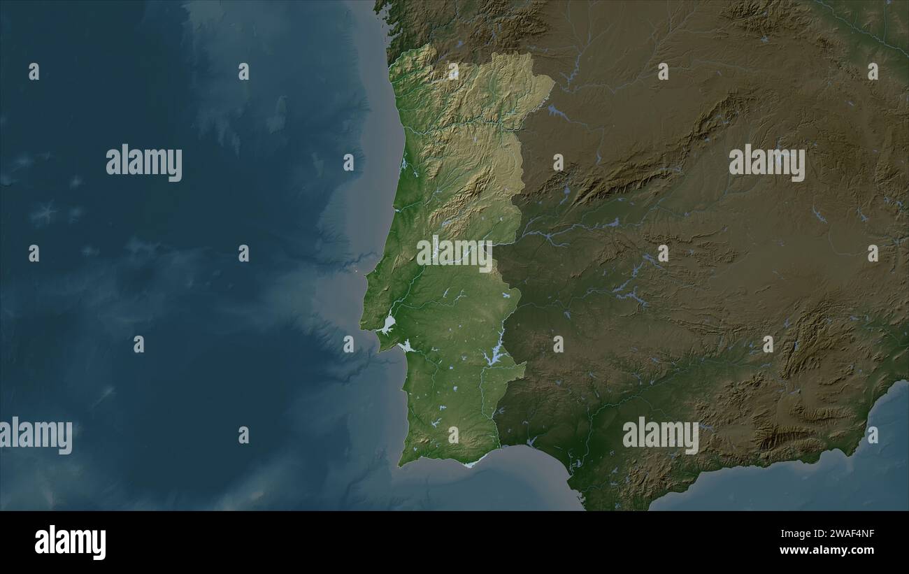 Portugal highlighted on a Pale colored elevation map with lakes and ...