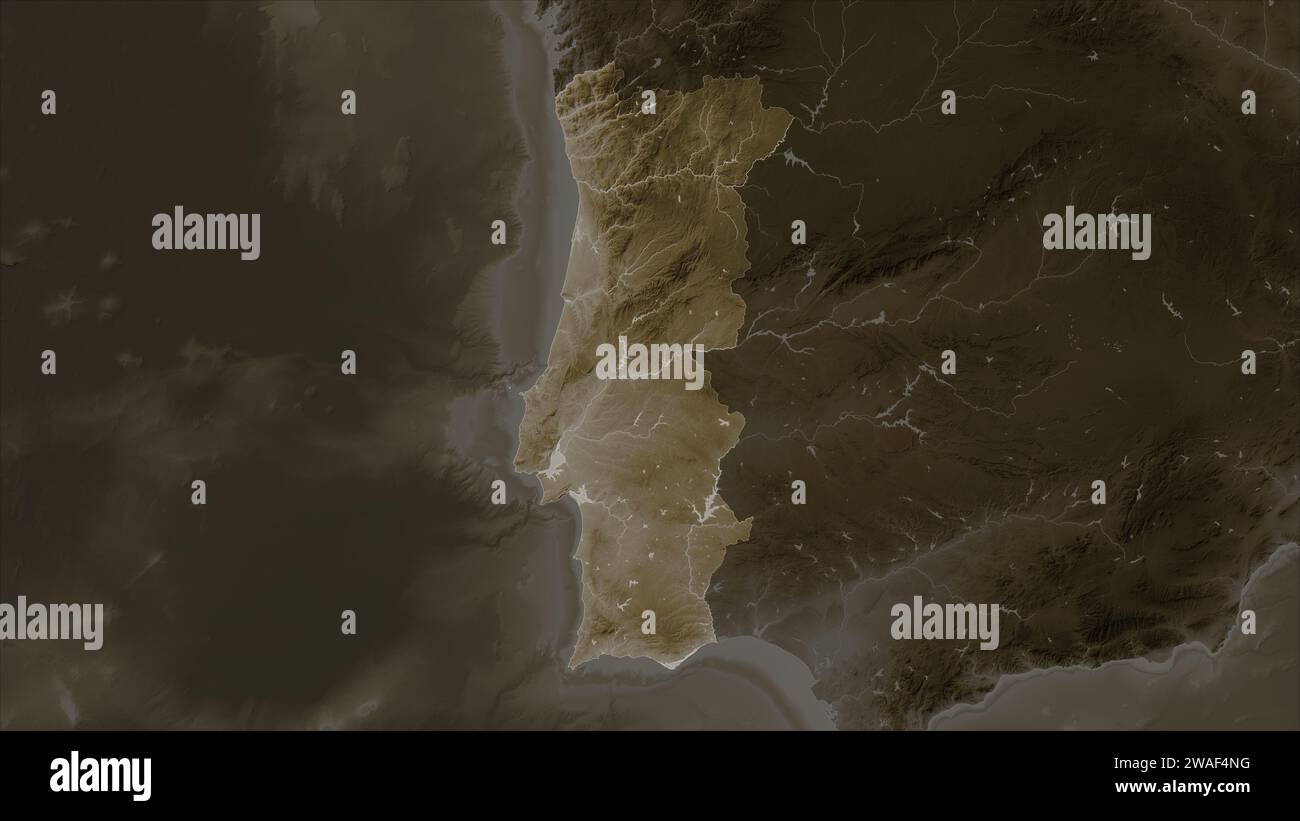 Portugal highlighted on a elevation map colored in sepia tones with ...