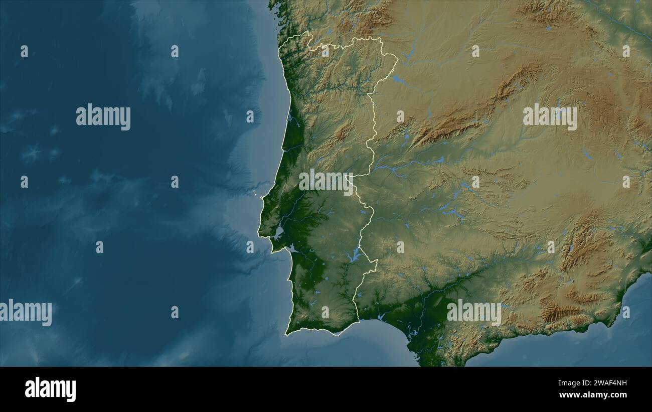 Portugal outlined on a Colored elevation map with lakes and rivers ...