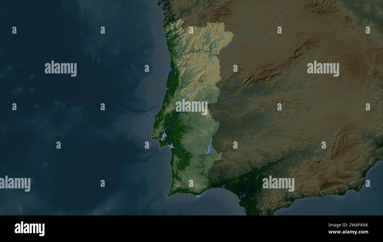 Portugal highlighted on a Colored elevation map with lakes and rivers ...