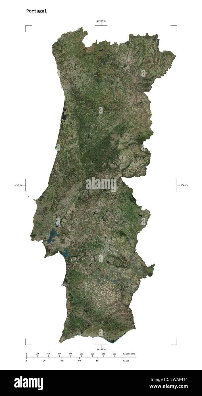 Shape of a high resolution satellite map of the Portugal, with distance ...