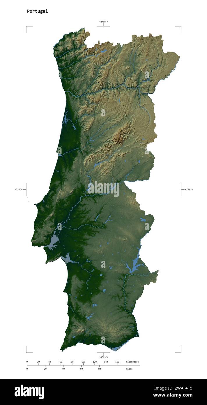 Shape of a Colored elevation map with lakes and rivers of the Portugal ...