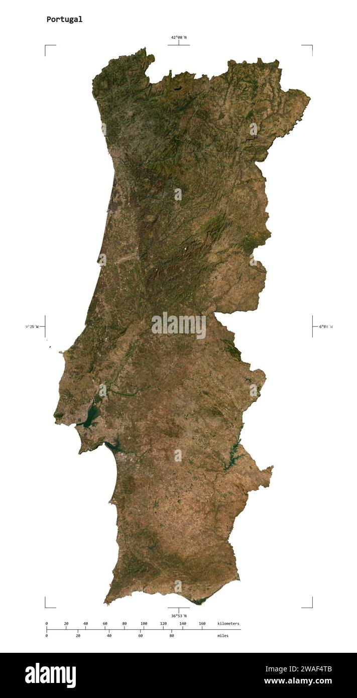 Shape of a low resolution satellite map of the Portugal, with distance ...