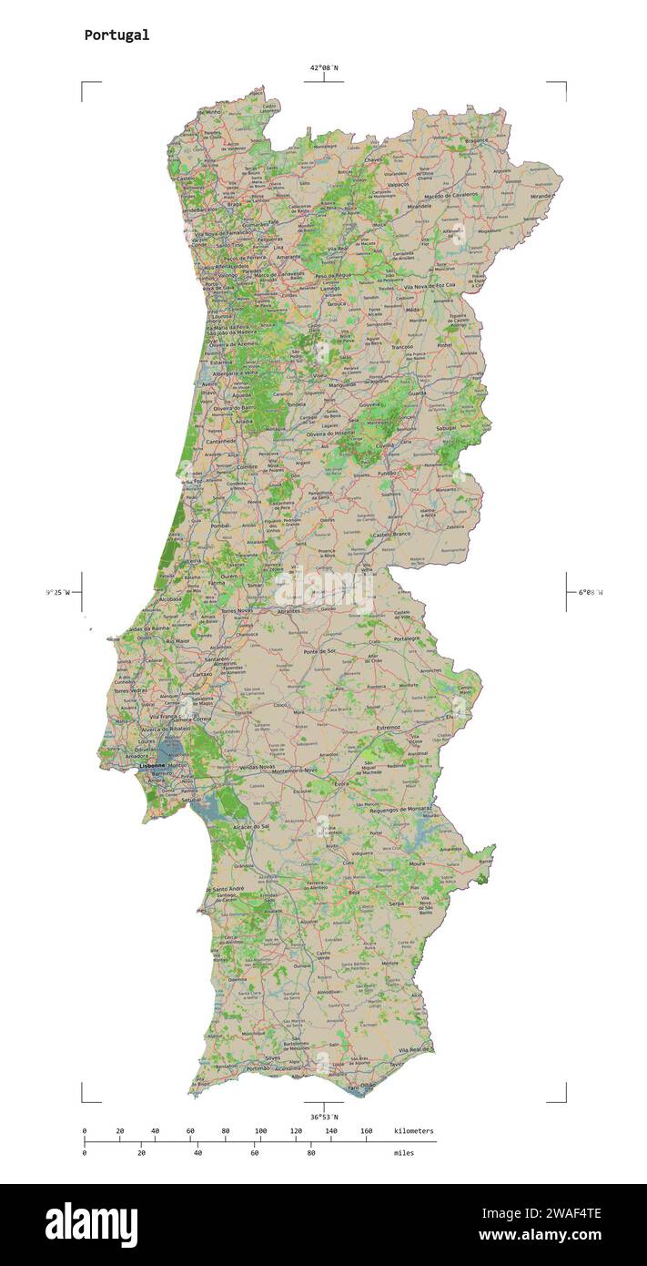 Shape of a topographic, OSM France style map of the Portugal, with ...
