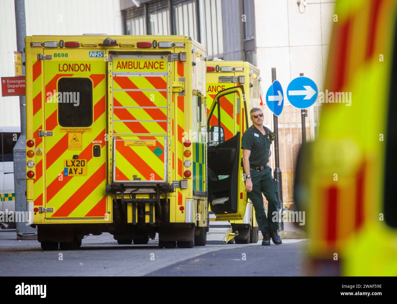 London, UK. 4th Jan, 2024. Ambulances and medical staff outside The ...