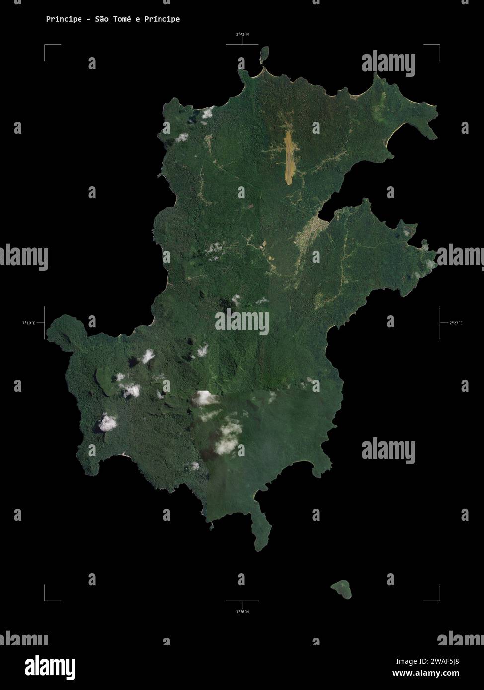 Shape of a low resolution satellite map of the Principe - Sao Tome e Principe, with distance ...