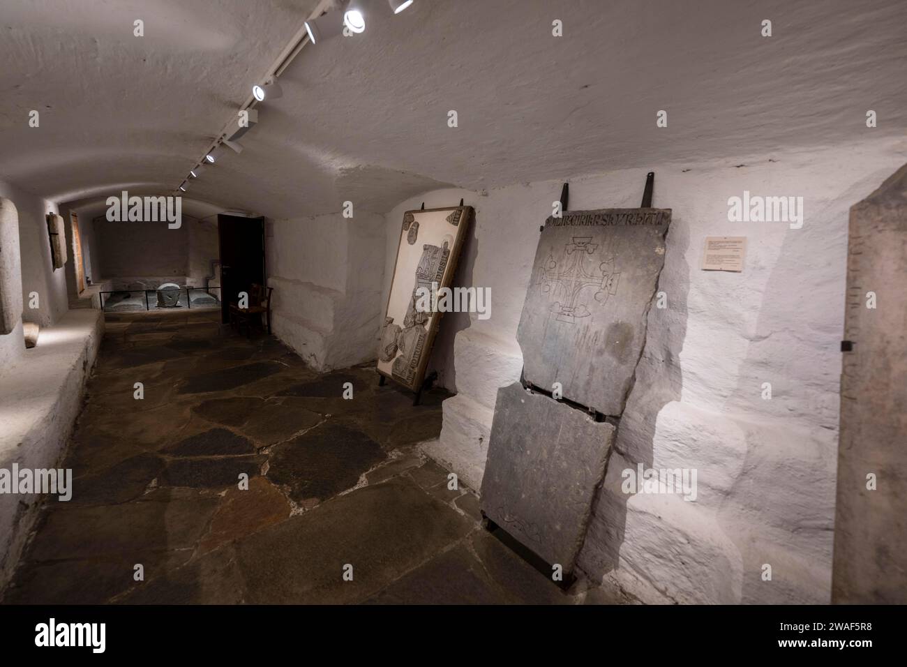 Catacomb area where there are remains of ancient tombstones that ...