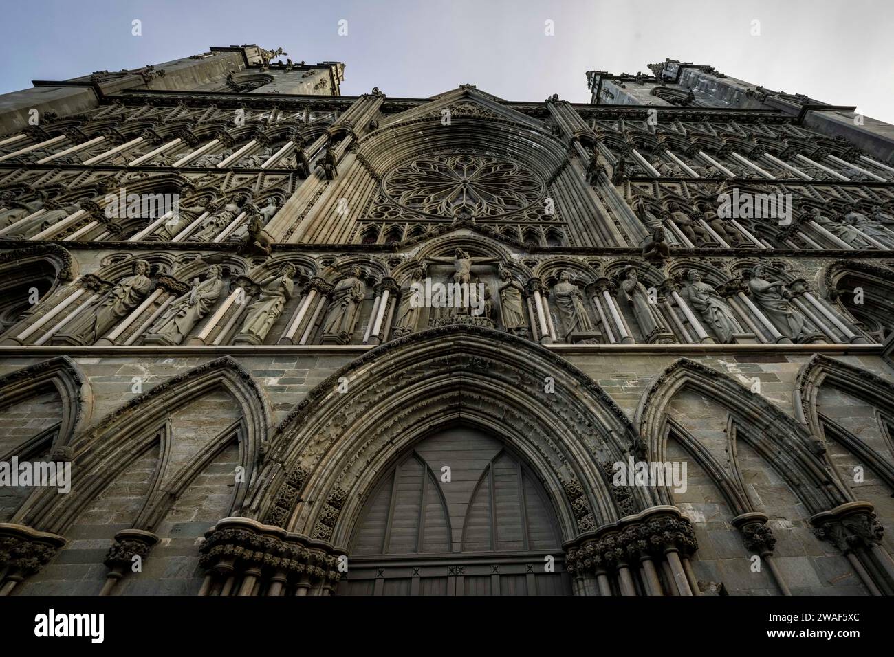 Detail of the facade and images of the different saints and catholic ...