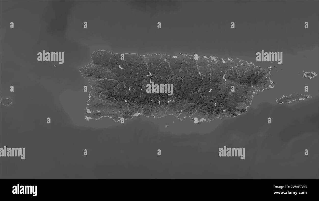 Puerto Rico - USA highlighted on a Grayscale elevation map with lakes ...