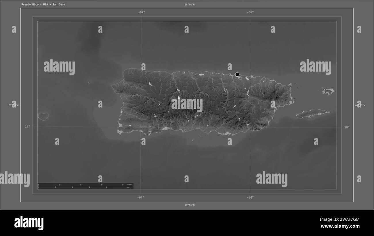 Puerto Rico - USA highlighted on a Grayscale elevation map with lakes ...