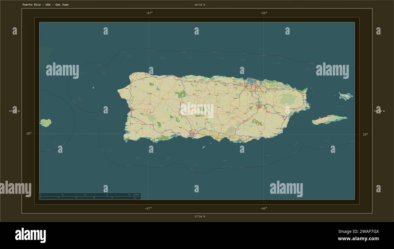 Puerto Rico - USA highlighted on a topographic, OSM Humanitarian style ...