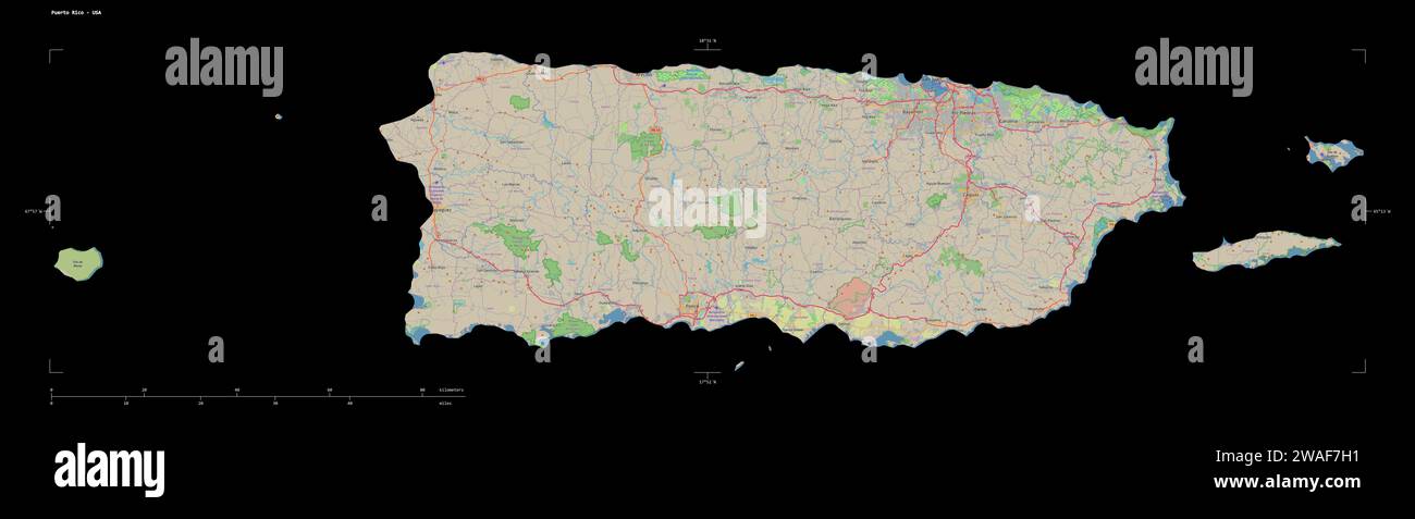 Shape of a topographic, OSM standard style map of the Puerto Rico - USA ...