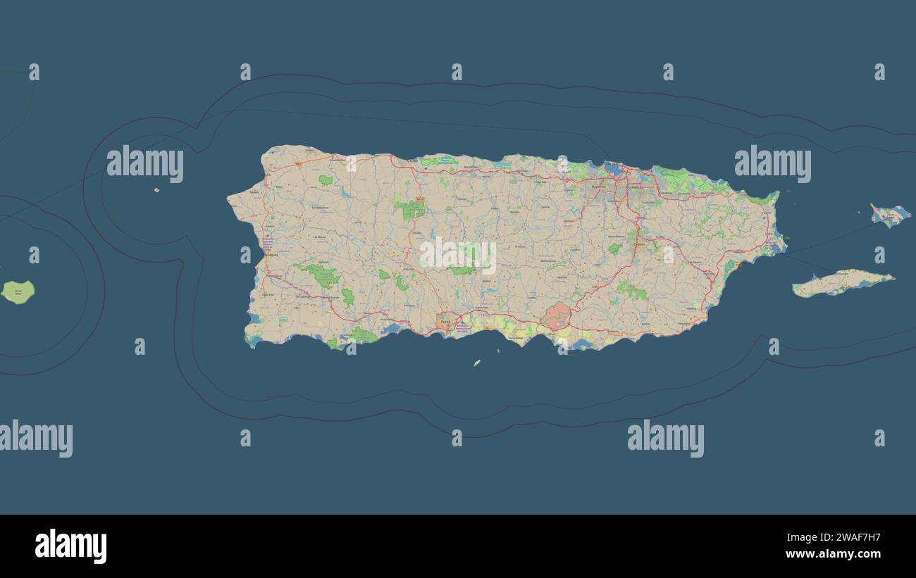 Puerto Rico - USA highlighted on a topographic, OSM standard style map ...