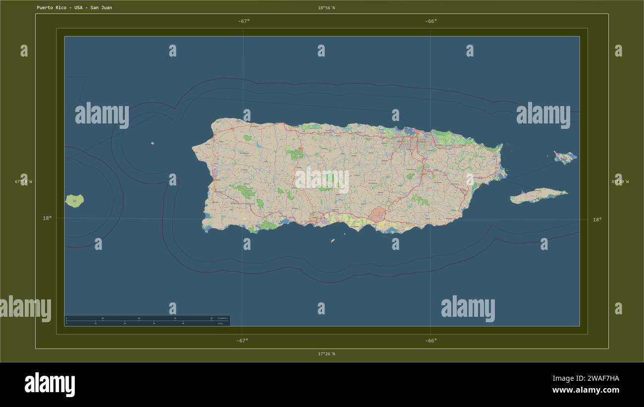 Puerto Rico - USA highlighted on a topographic, OSM standard style map ...