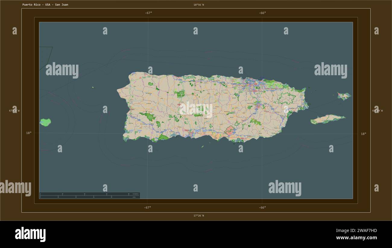 Puerto Rico - USA highlighted on a topographic, OSM France style map ...