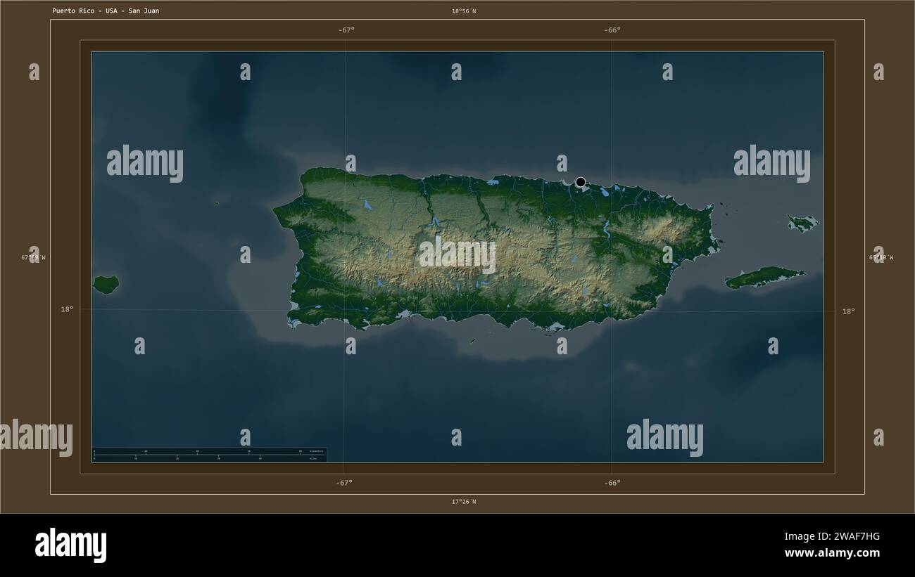 Puerto Rico - USA highlighted on a Colored elevation map with lakes and ...