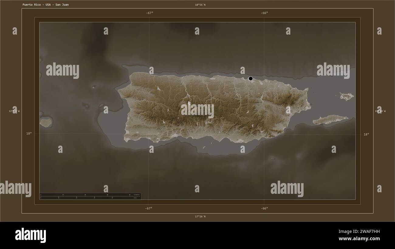 Puerto Rico - USA highlighted on a elevation map colored in sepia tones ...