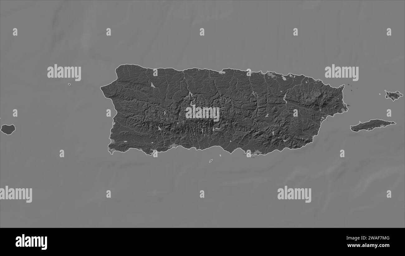 Puerto Rico - USA outlined on a Bilevel elevation map with lakes and ...