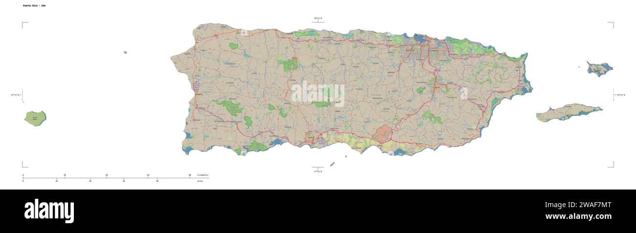 Shape of a topographic, OSM standard style map of the Puerto Rico - USA ...