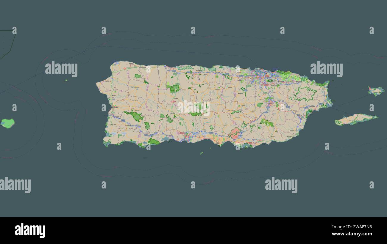 Puerto Rico - USA highlighted on a topographic, OSM France style map ...