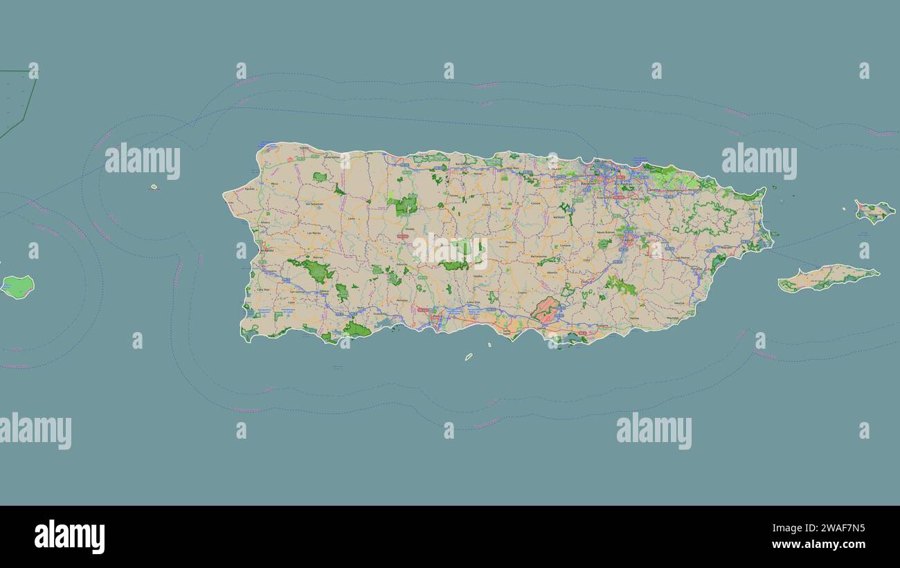 Puerto Rico - USA outlined on a topographic, OSM France style map Stock ...