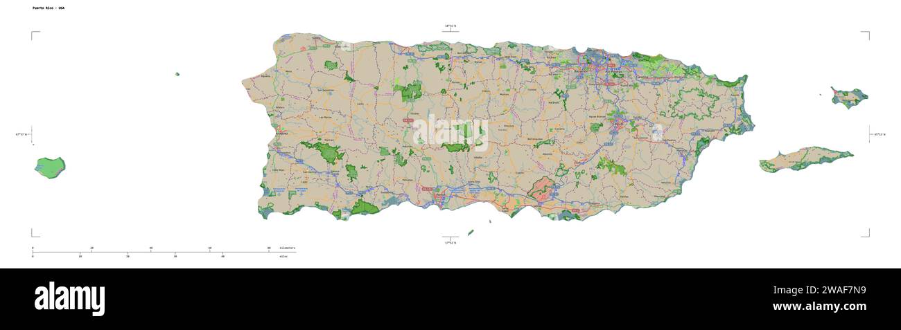 Shape of a topographic, OSM France style map of the Puerto Rico - USA ...