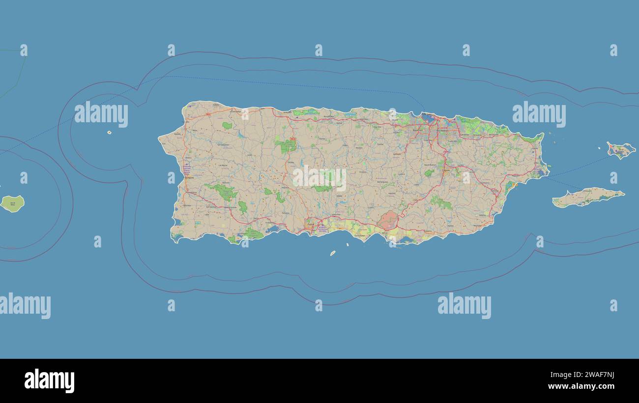 Puerto Rico - USA outlined on a topographic, OSM standard style map ...