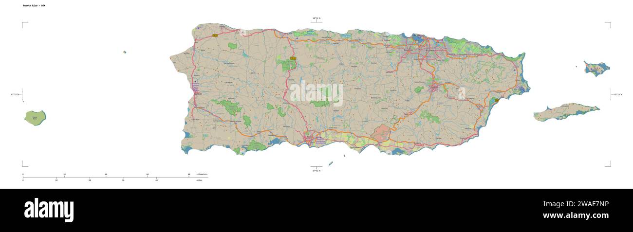 Shape of a topographic, OSM Germany style map of the Puerto Rico - USA ...