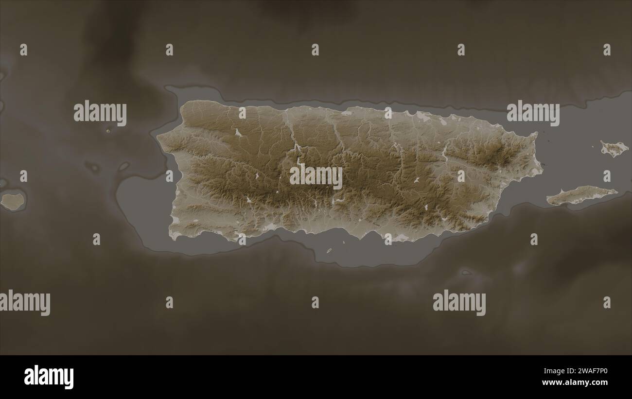 Puerto Rico - USA highlighted on a elevation map colored in sepia tones ...