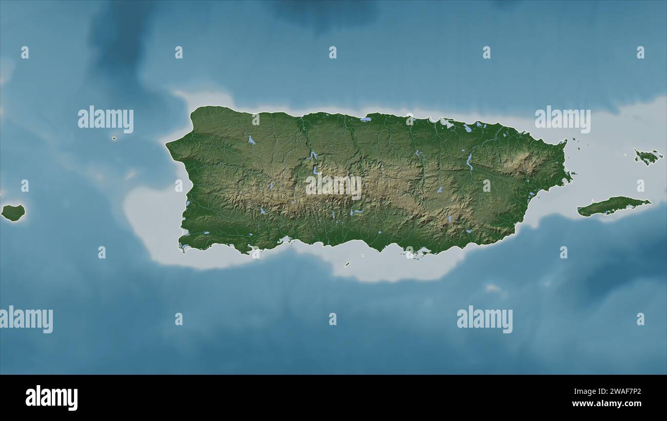 Puerto Rico - USA outlined on a Pale colored elevation map with lakes ...