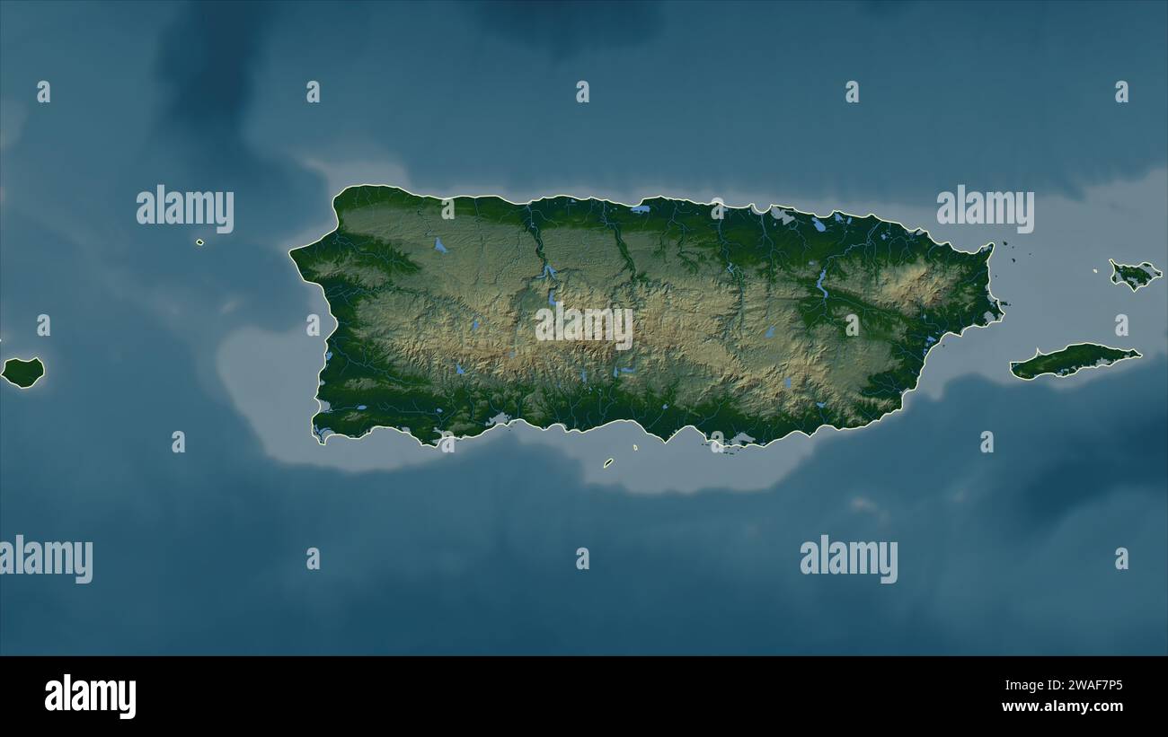 Puerto Rico - USA outlined on a Colored elevation map with lakes and ...