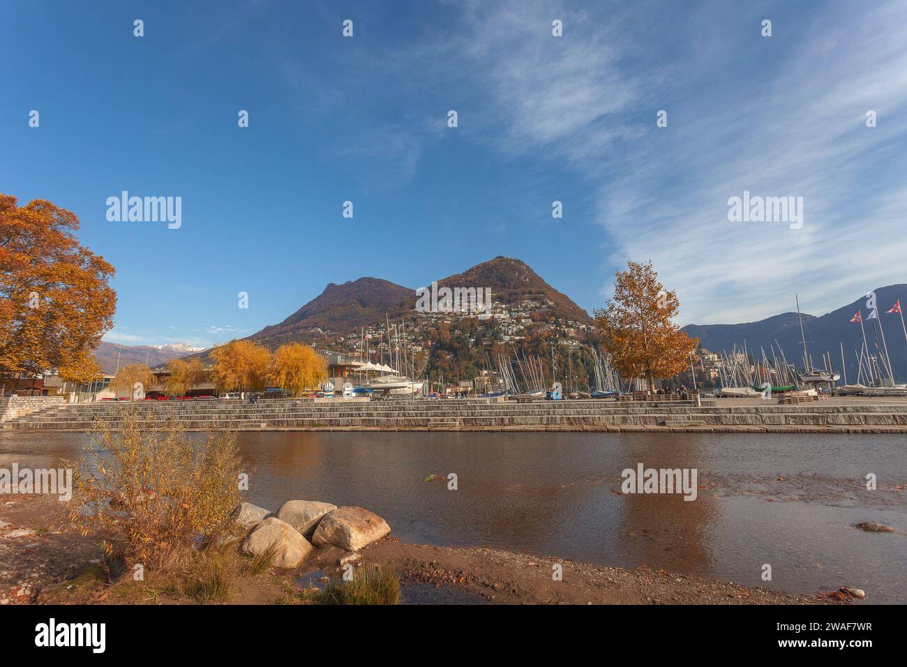 View of Bre peak from the Cassarate River, Lugano, Ticino, Switzerland ...