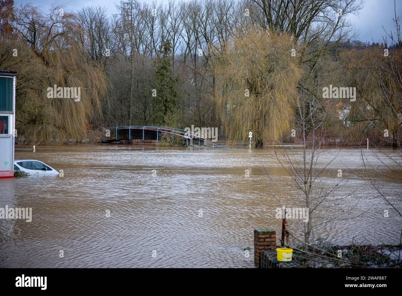 Neunkirchen, Germany. 04th Jan, 2024. The Blies floods in Neunkirchen ...