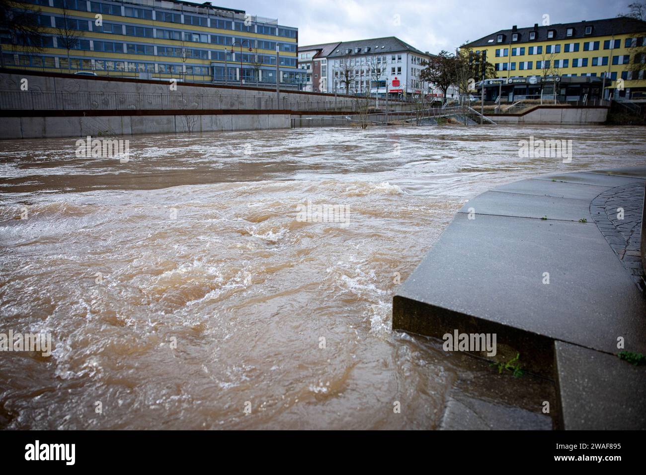 Neunkirchen, Germany. 04th Jan, 2024. The Blies floods in Neunkirchen ...