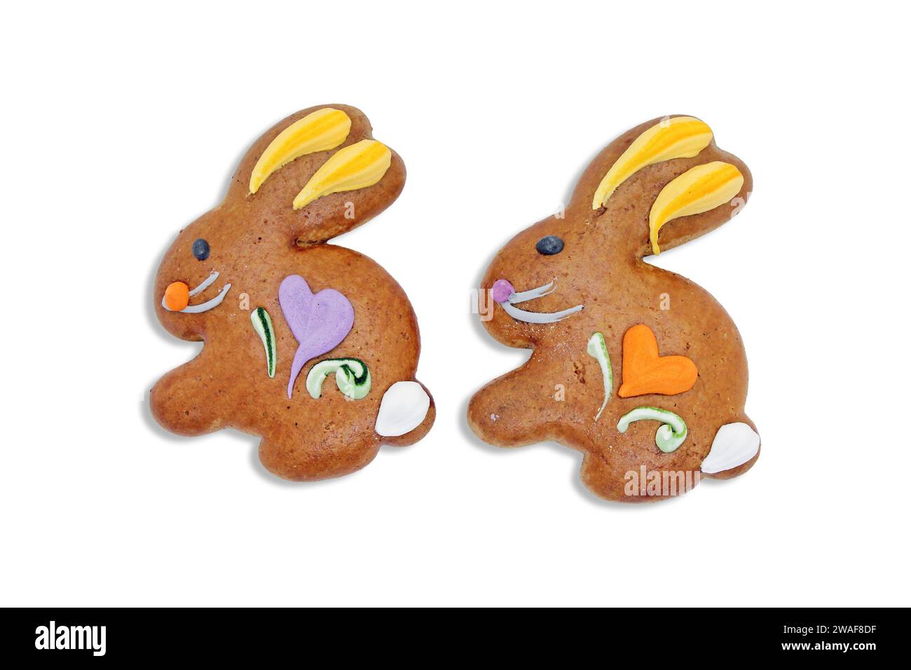 Two easter gingerbread cookies in the shape of a bunny isolated on a ...