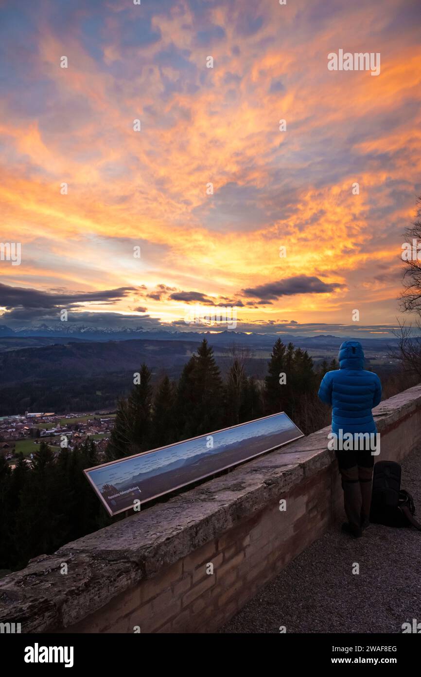 A person next to the panoramic map looks at the Alpine panorama from ...