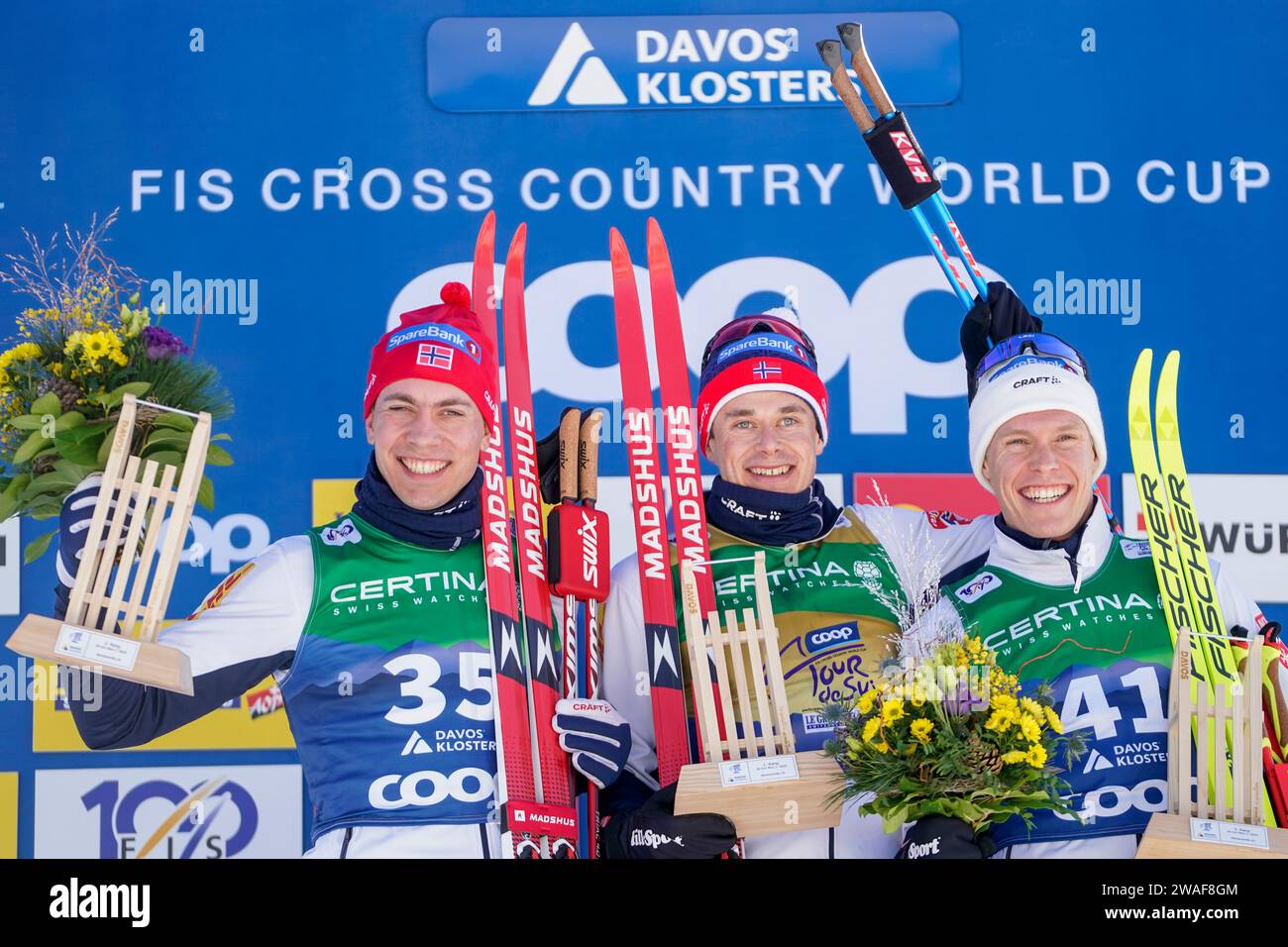 Davos, Switzerland 20240104.Henrik Donnestad left, Harald Ostberg Amundsen and Martin Lowstrom ...