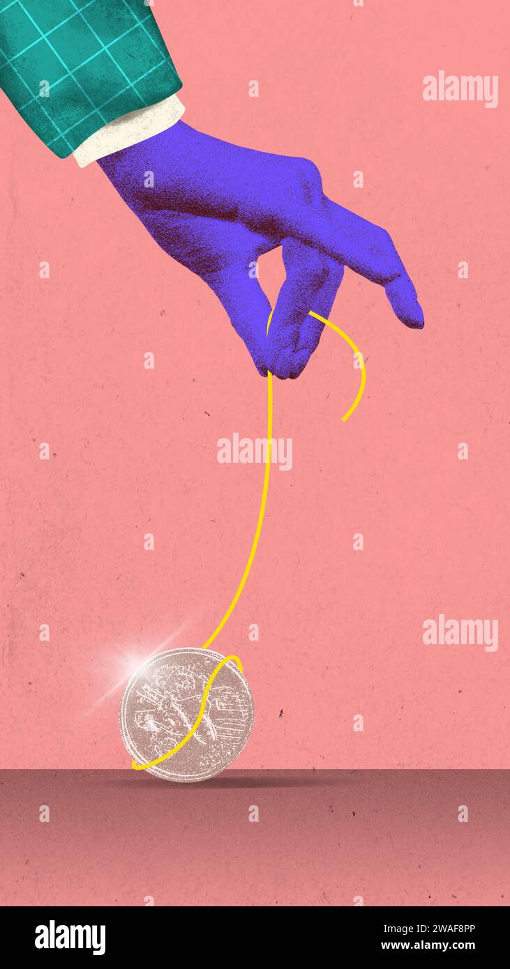 Contemporary art collage. Hand holding piece of string that draped over ...