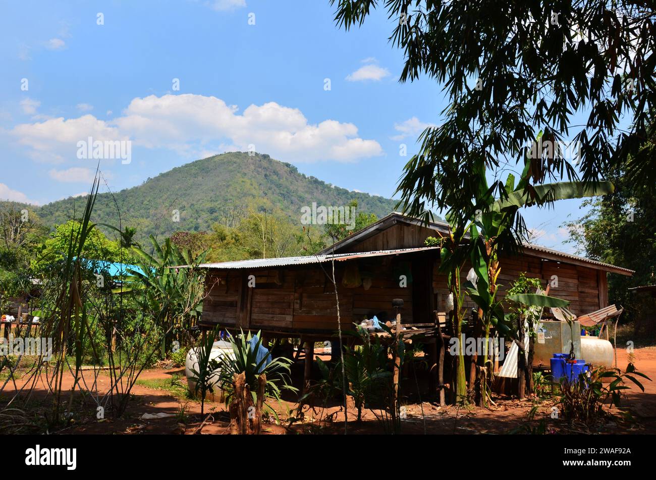 Exterior ancient wooden house or antique old wood home in Ban Taphoen ...