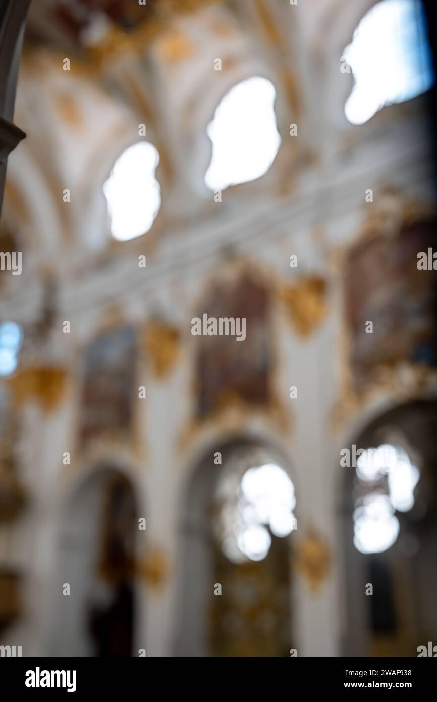blurred interior of catholic church; abstract background Stock Photo ...