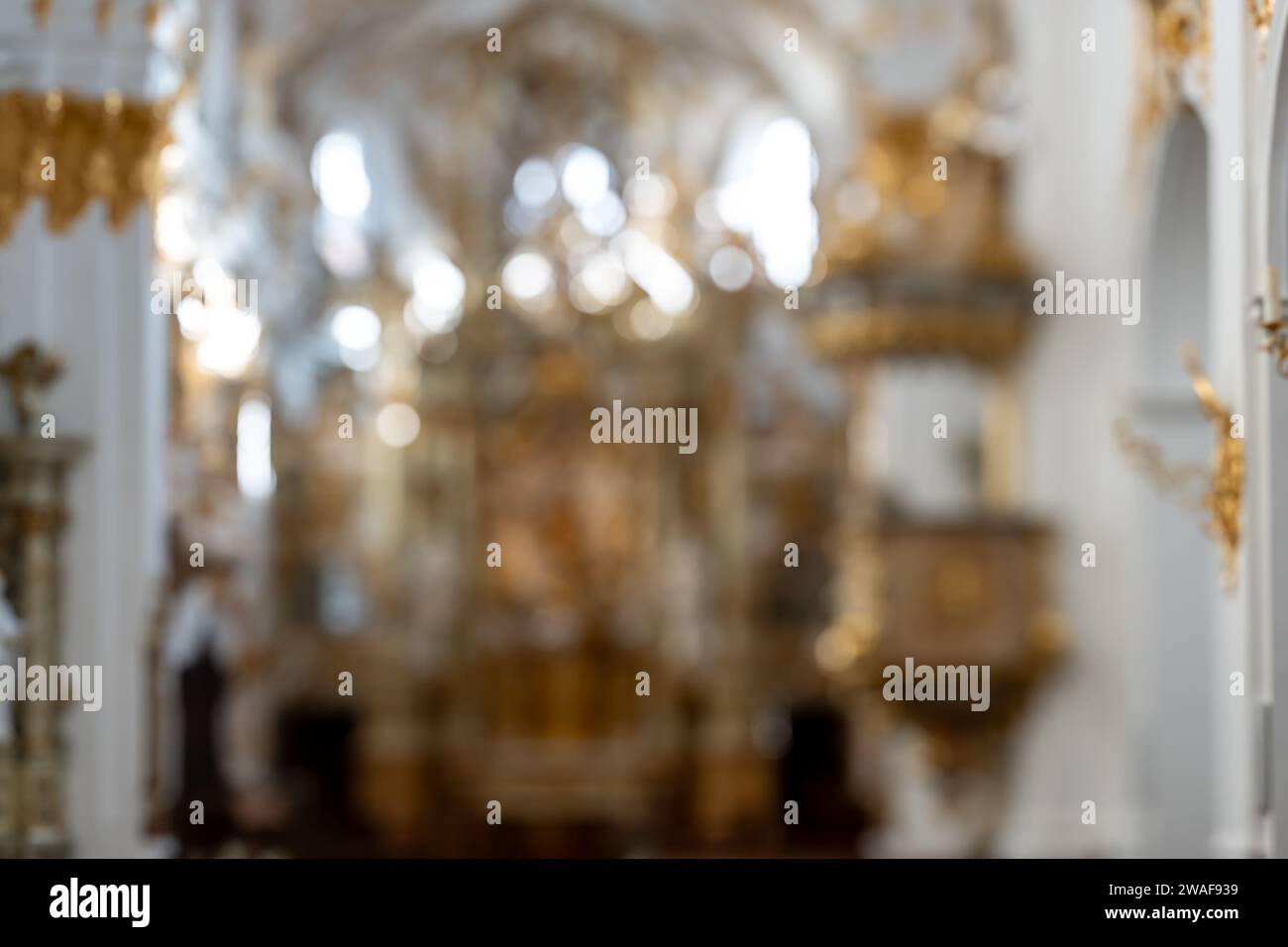 blurred interior of catholic church; abstract background Stock Photo ...