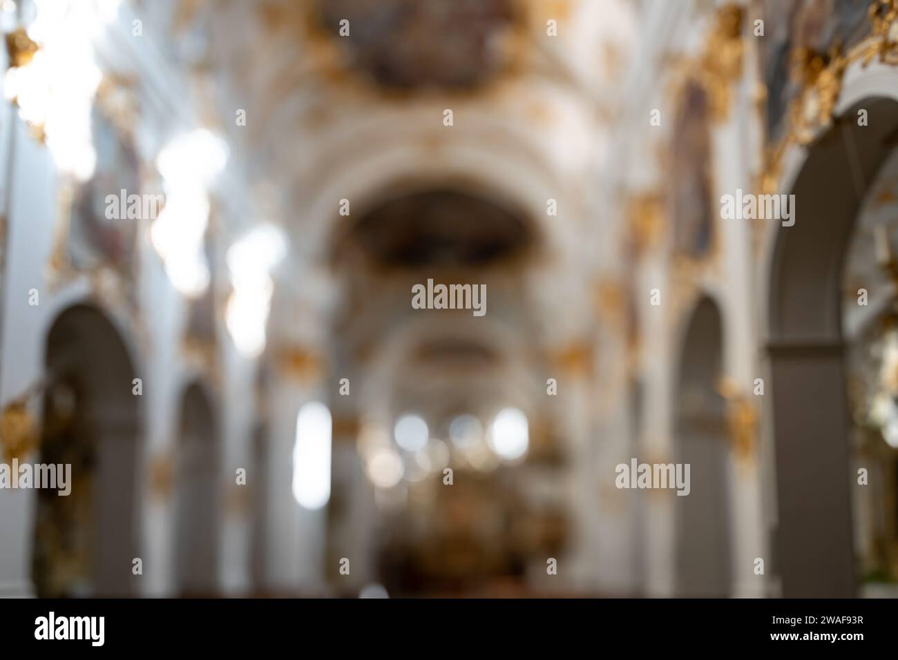 blurred interior of catholic church; abstract background Stock Photo ...