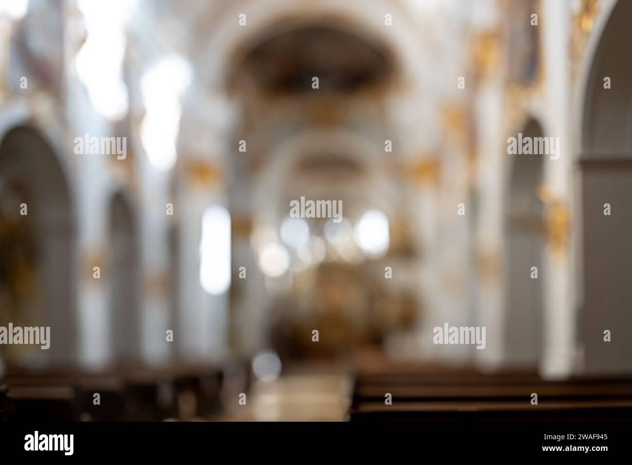 blurred interior of catholic church; abstract background Stock Photo ...