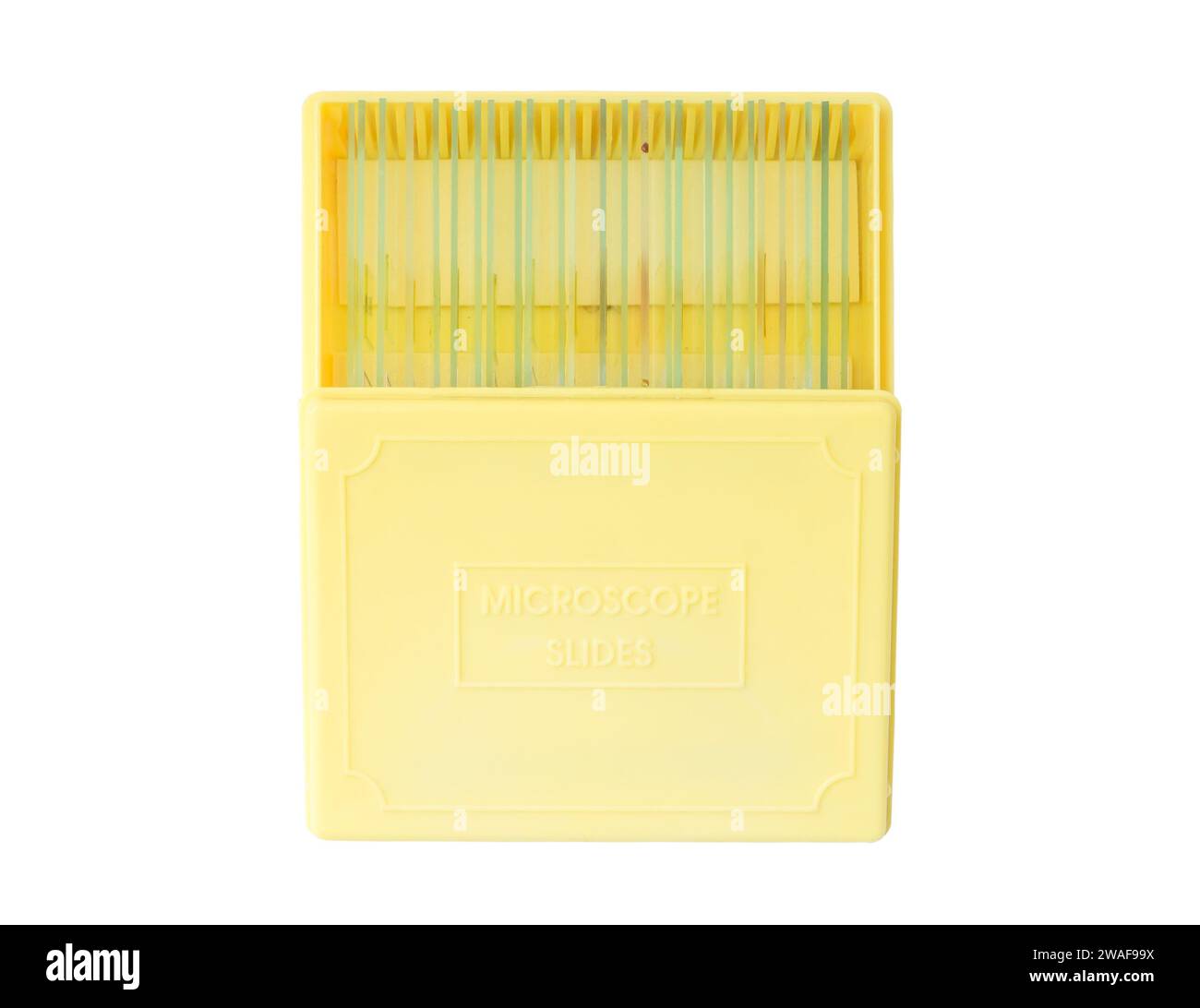 Medical science glass of microscope slides in yellow case is isolated ...