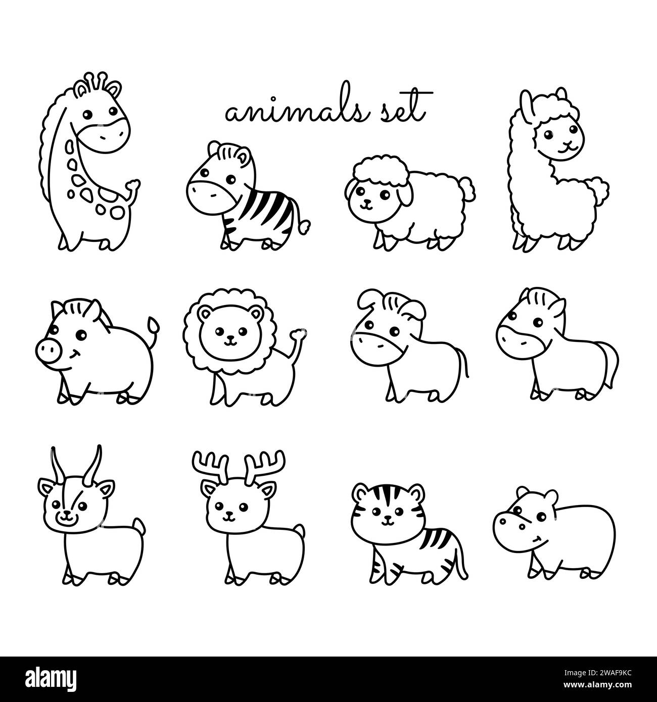 Hand drawn animals color elements. Cartoon characters set. Isolated ...
