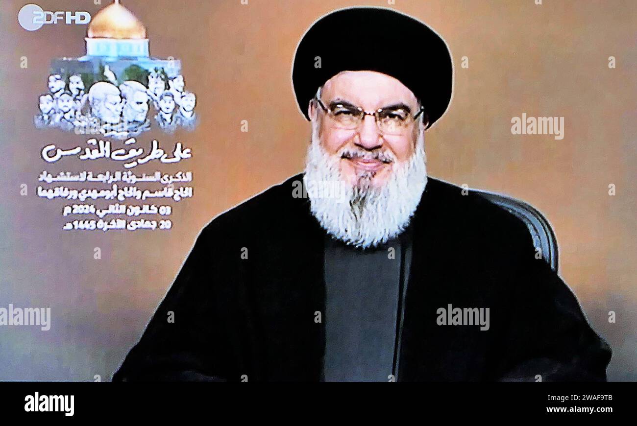 Hisbollah-Anführer Hassan Nasrallah am 03.01.2024 im ZDF *** Hezbollah ...