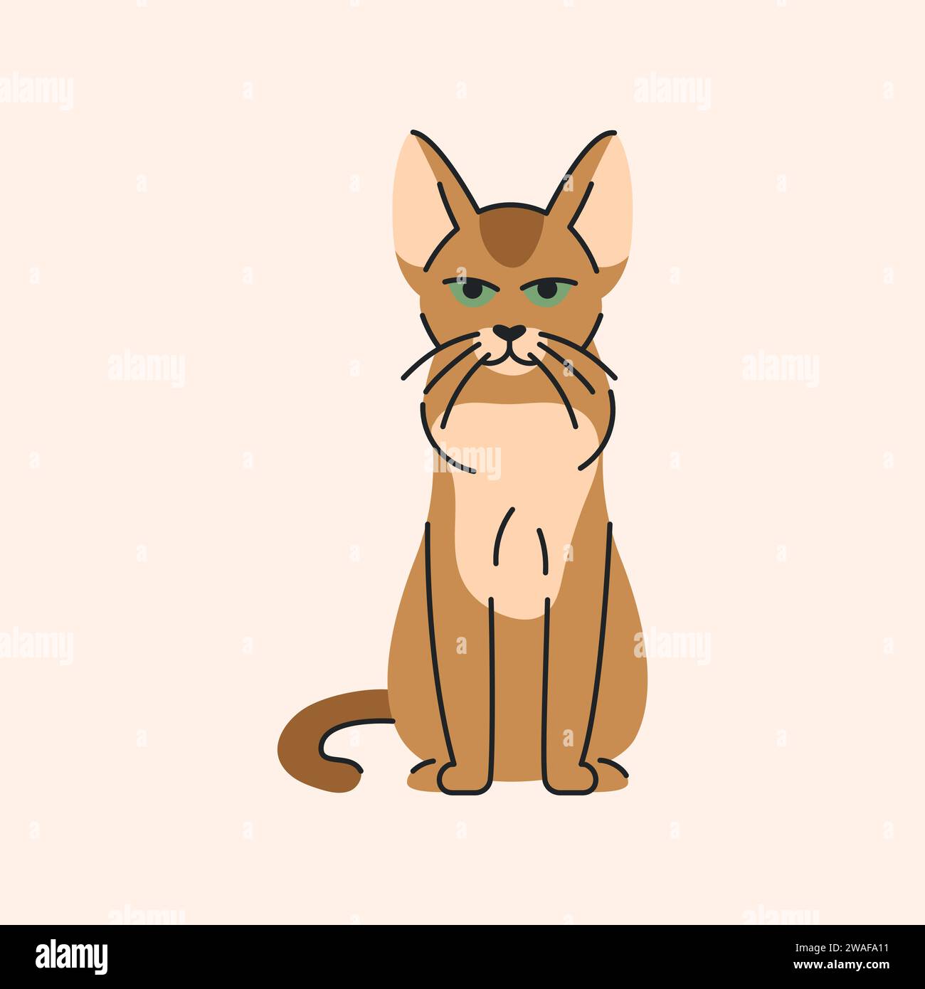 Abyssinian cat sitting color element. Cartoon cute animal. Hand draw ...