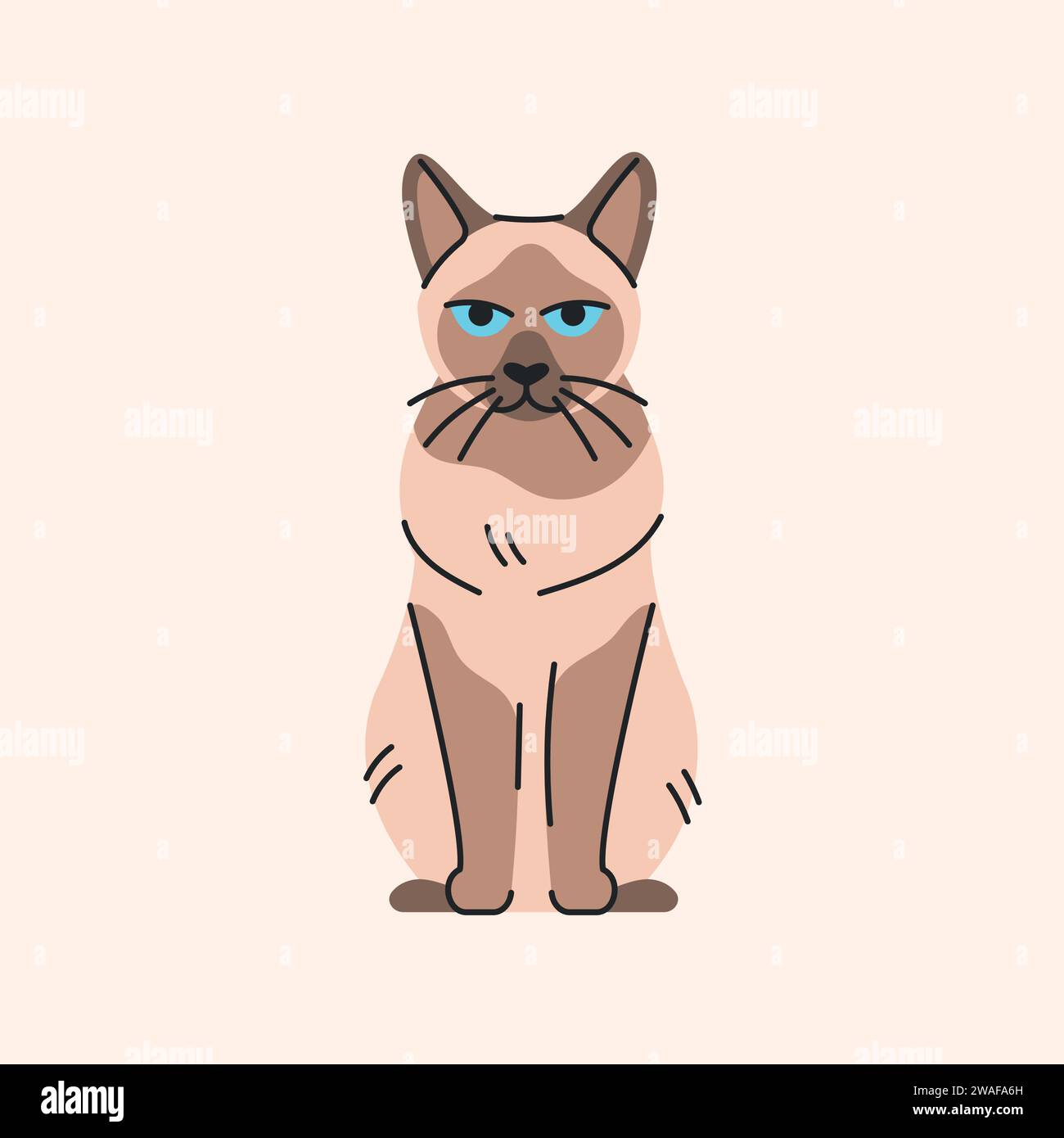 Siamese cat sitting color element. Cartoon cute animal. Hand draw ...